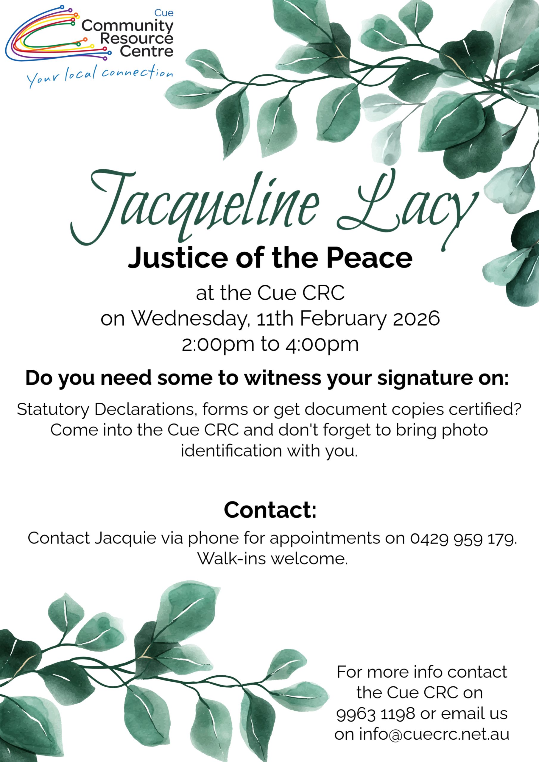 Justice of the Peace – Jacqueline Lacy | CUE Community Resource Centre